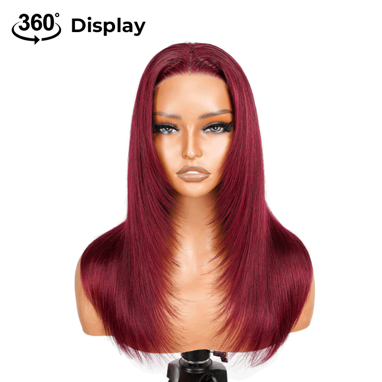 Layered Wig Burgundy Wigs Straight Human Hair Wig With Transparent Lace ...