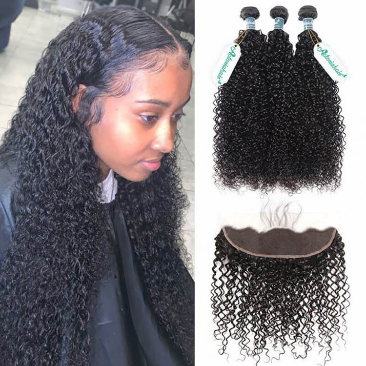 3 Bundles Brazilian Virgin Hair Curly Afro Weave With Lace Frontal ...