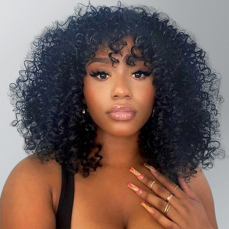 Kinky Curly Afro Wig Human Hair With Bang Glueless Closure Wig -Asteriahair